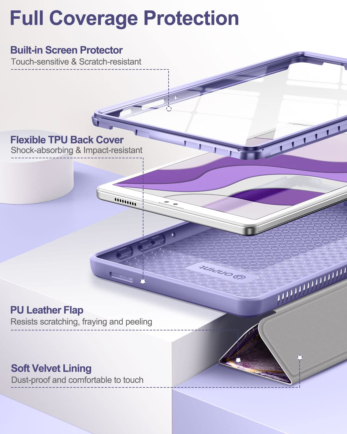 ONPINT Case for Samsung Galaxy Tab A7 Lite Case 2021 8.7 Inch (SM-T220 / T225 / T227),【Built in Screen Protector】 Lightweight Leather Case Full Body Smart Cover with Magnetic Trifold Stand-Purple