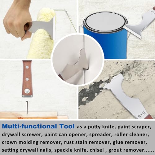 CHILI TOOLS Stainless Steel 5 in 1 Painters Tool with Wood Handle and Metal Hammer End, Made in Taiwan | Spackle Caulk Remover | Roller Cleaner | Putty Knife | Wallpaper Scraper | Can Bottle Opener