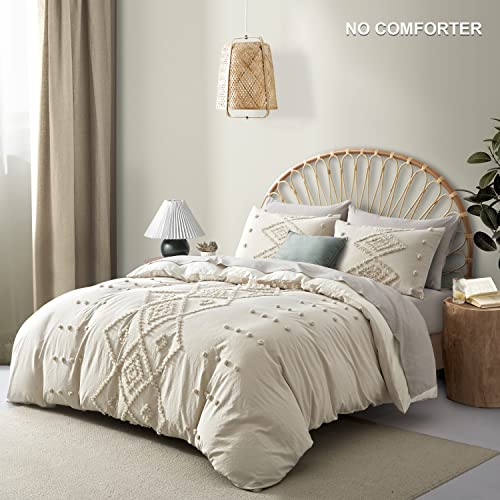 Oli Anderson Tufted Duvet Cover Queen Size, Soft and Lightweight Duvet Covers Set for All Seasons, 3 Pieces Boho Embroidery Shabby Chic Bedding Set (Beige, Queen, 90ββ x 90ββ)