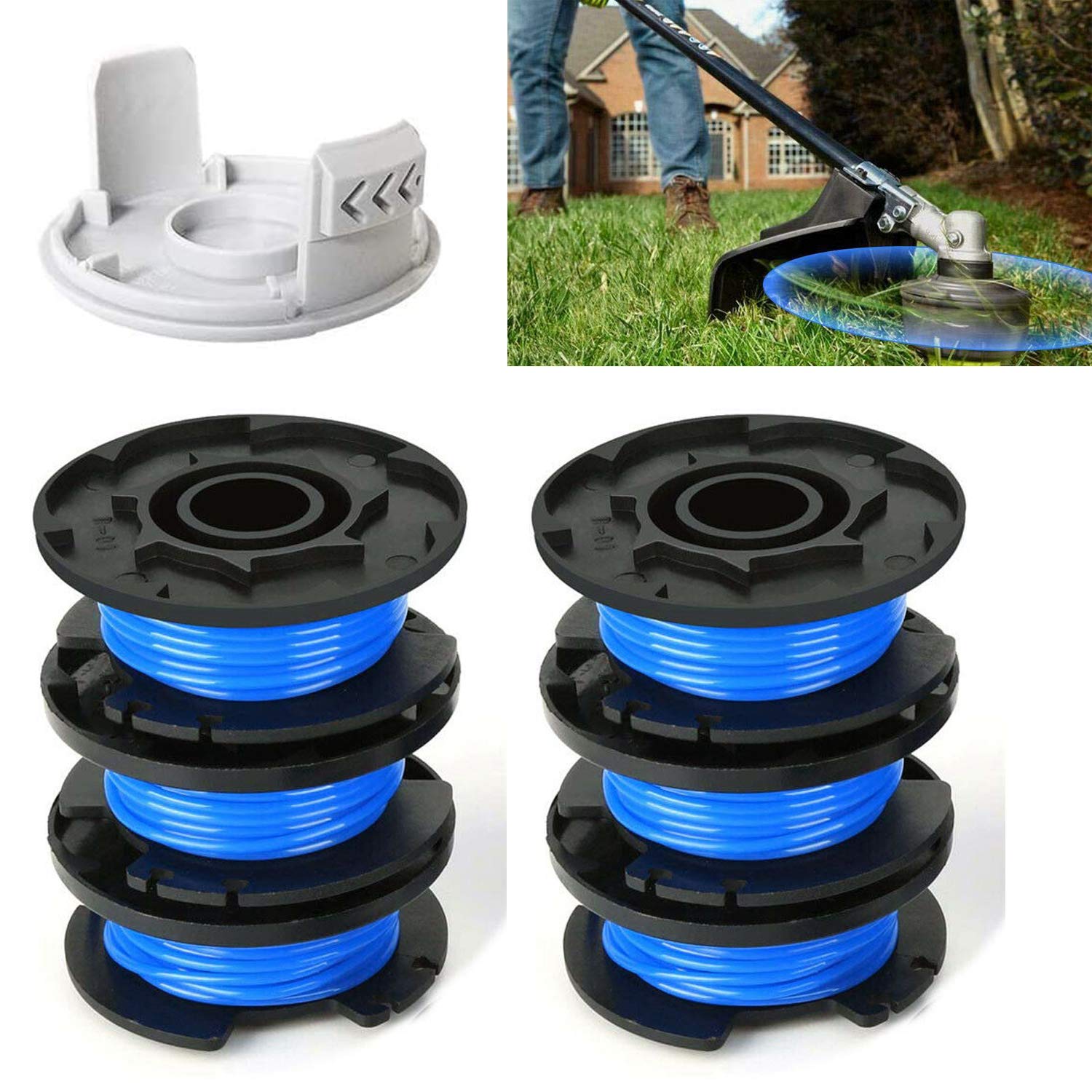 ConPus AC14RL3A String Trimmer Replacement Spool Line with 522994001 Cap for Ryobi One+ 24V, 18V, and 40V Cordless Trimmers, 0.065" Autofeed Replacement Spool (6 Spools + 1 Caps)