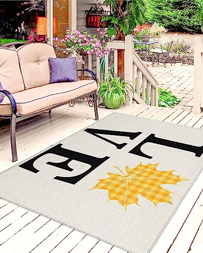 Outdoor Area Rug for Patio,Thanksgiving Orange Fall Maple Leaf Plaid Camping Rugs Indoor Large Floor Mat 4x6ft,Farm Love Quote Line Outside Carpet for Deck RV Picnic Porch Backyard Bedroom