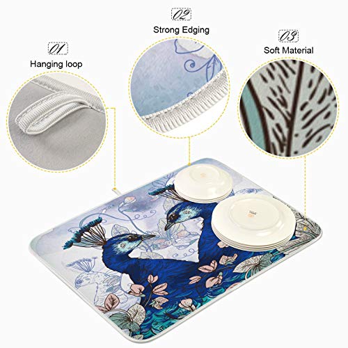 Painting Lovely Heart Peacock Dish Drying Mat 16"x18" Absorbent Machine Washable Hanging Fast Dry Pad Dish Protective Mat for Kitchen Countertop Heat Resistant Dinner Table Mat