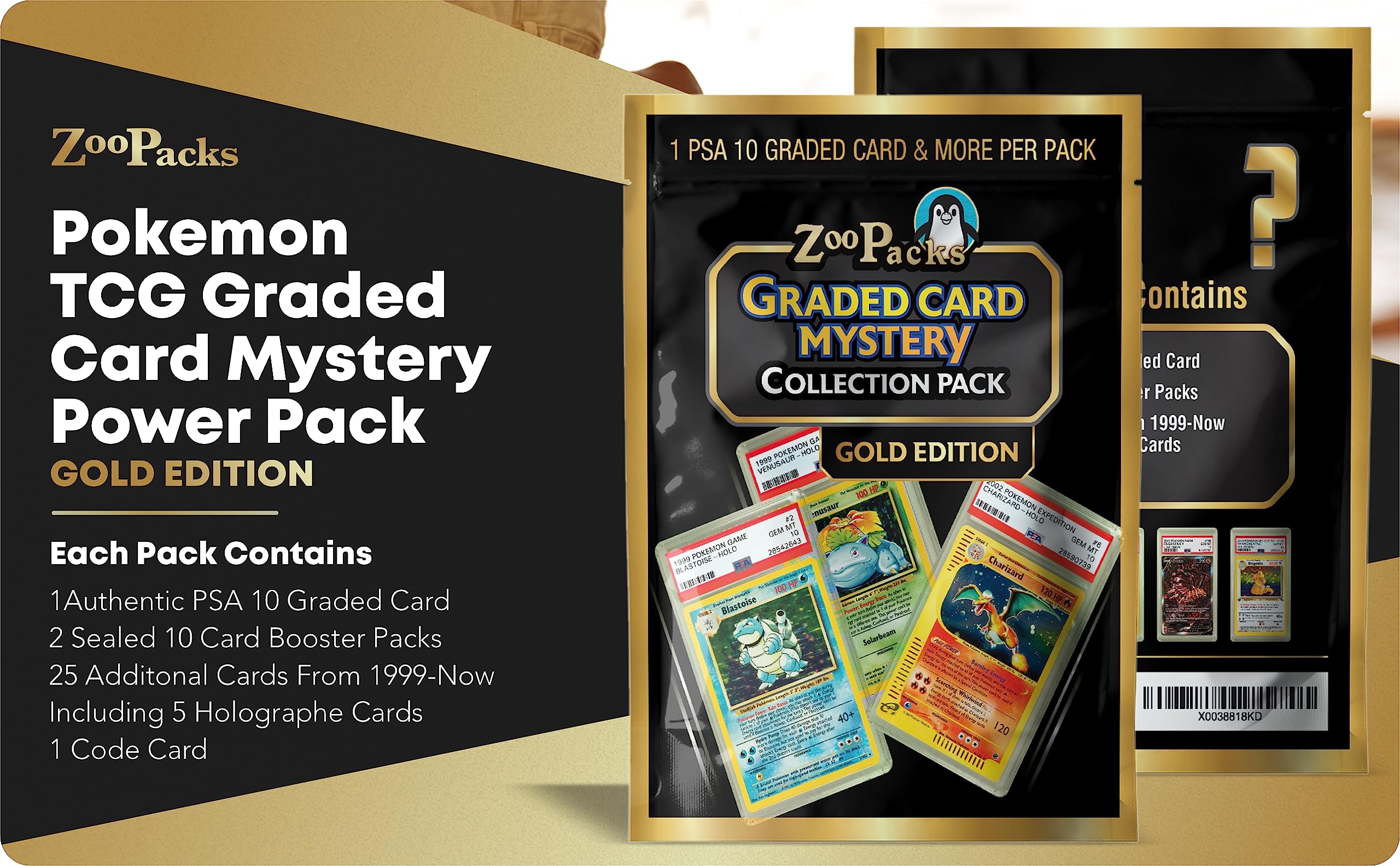 Pokemon TCG: Graded Card Mystery Power Pack - Gold Edition - 1 PSA 10 Graded Card + 25 Additional Cards with 5 Holofoils - 1 First Edition Card + 2 Factory Sealed 10 Card Booster Packs + 1 Code Card