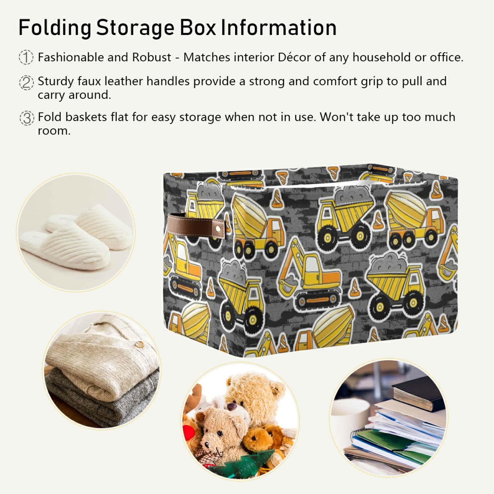 Construction Yellow Machinery with Truck Crane and Bulldozer Grey Rectangular Storage Basket Bin, Collapsible Storage Box with Leather Handles, Nursery Baskets Organizer for Kitchen, Kids Toy