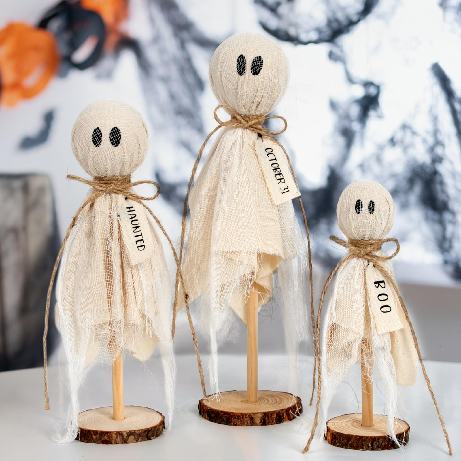 DAZONGE Halloween Decorations Indoor - Set of 3 Primitive Halloween Ghosts on Wooden Stand for Table Centerpieces, Shelves, and Mantels - Spooky Halloween Decor