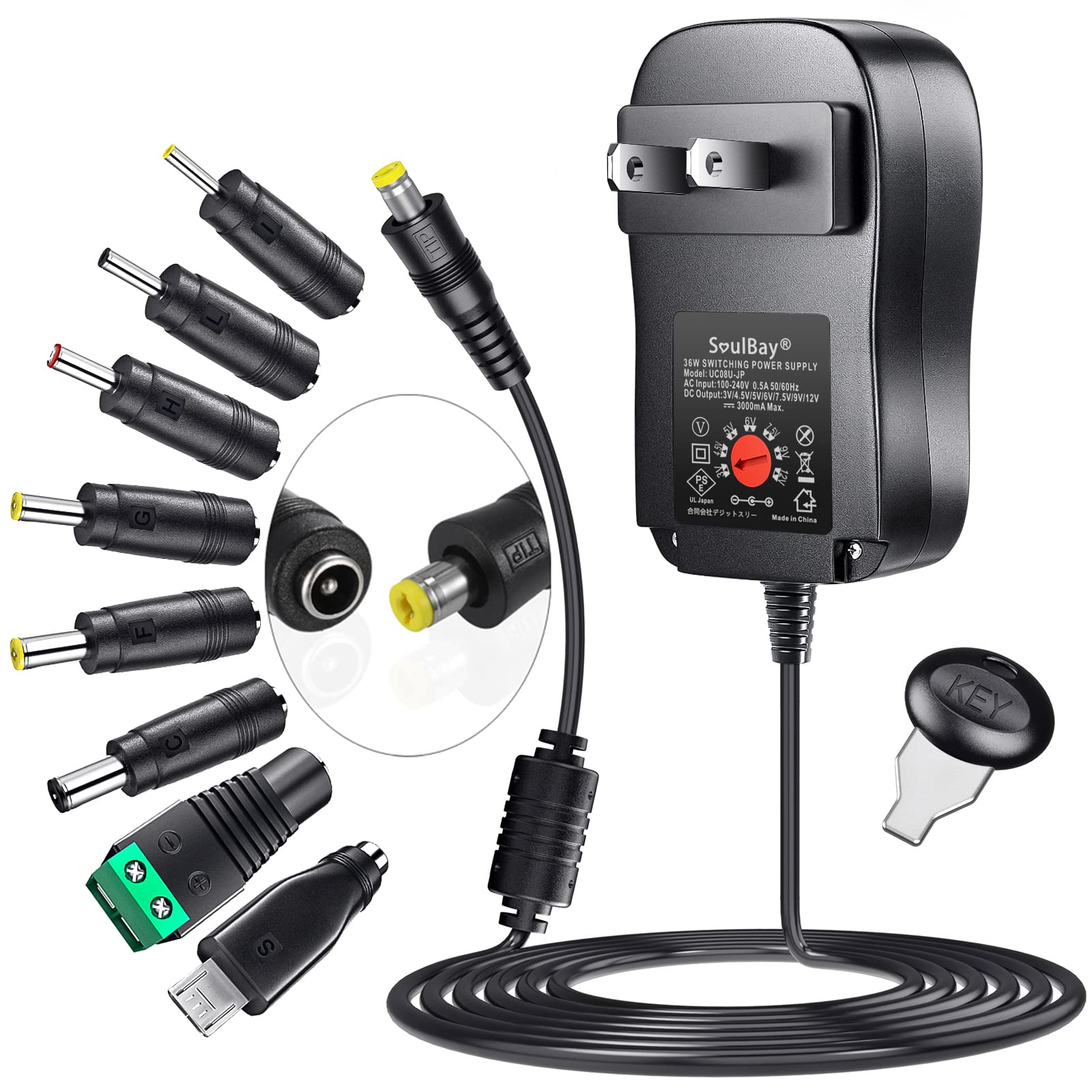 SoulBay 36W Universal AC Adapter 3V 4.5V 5V 6V 7.5V 9V 12V Multi Voltage Switching DC Power Supply Transformer with 8 Adapters for Household Electronics, 3000mA Max