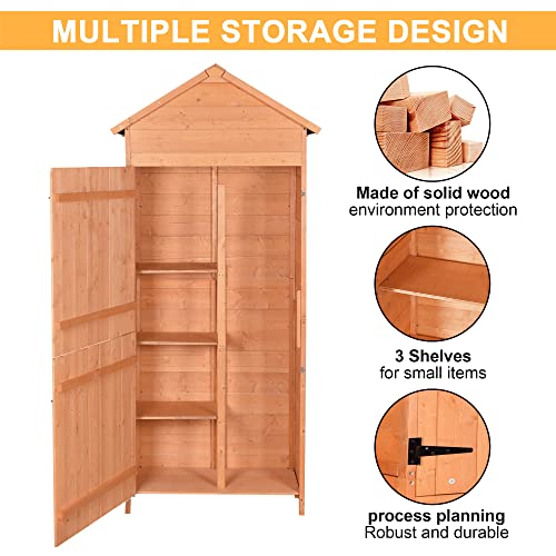 Outdoor Storage Shed, Wooden Garden Storage Cabinet with Lockable Doors, Utility Tool Organizer with 3 Shelves, Waterproof Outside Tool Shed for Patio Garden Backyard Lawn (Natural)