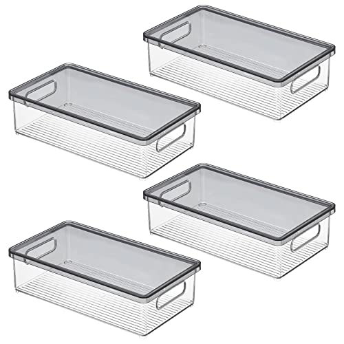 mDesign Small Plastic Stackable Bathroom Cabinet Storage Bin Box with Handles/Lid, Drawer Stacking Organizer for Soap, Lotion, Towels, and Accessories, Ligne Collection, 4 Pack, Clear/Smoke Gray, 15 x 8.5 x 4.2