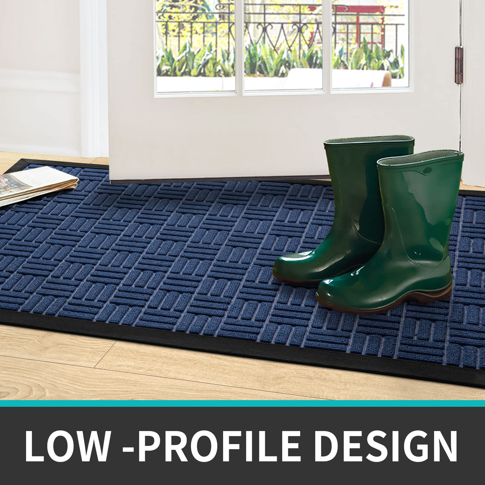 DEXI Door Mat Front Indoor Outdoor Doormat,Small Heavy Duty Rubber Outside Floor Rug for Entryway Patio Waterproof Low-Profile,17"x29",Navy Blue