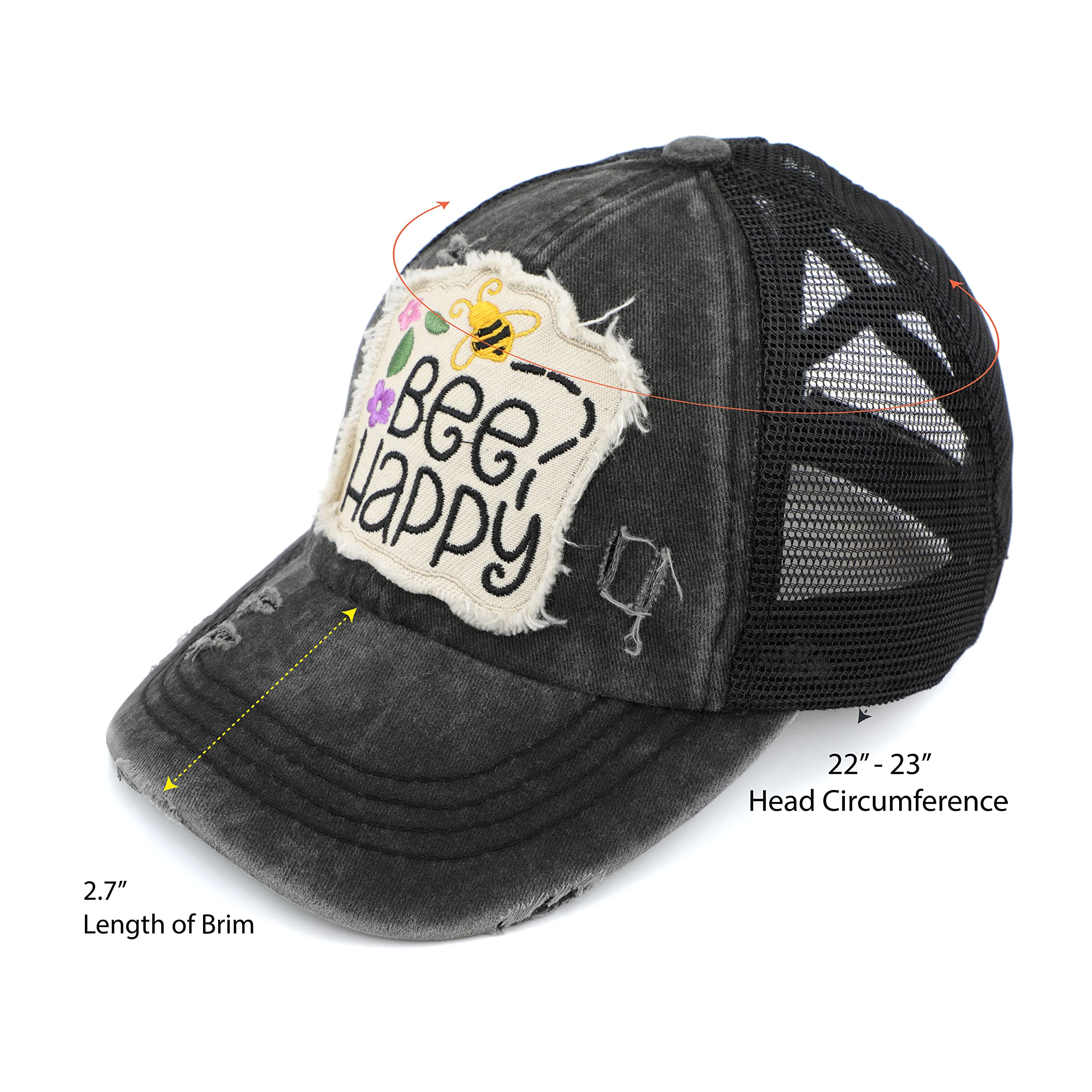 C.C Exclusives Washed Distressed Embroidered Patch Cotton Denim Criss-Cross Ponytail Hat Adjustable Baseball Cap (BT-1002) (A Elastic Band-Bee Happy Black)