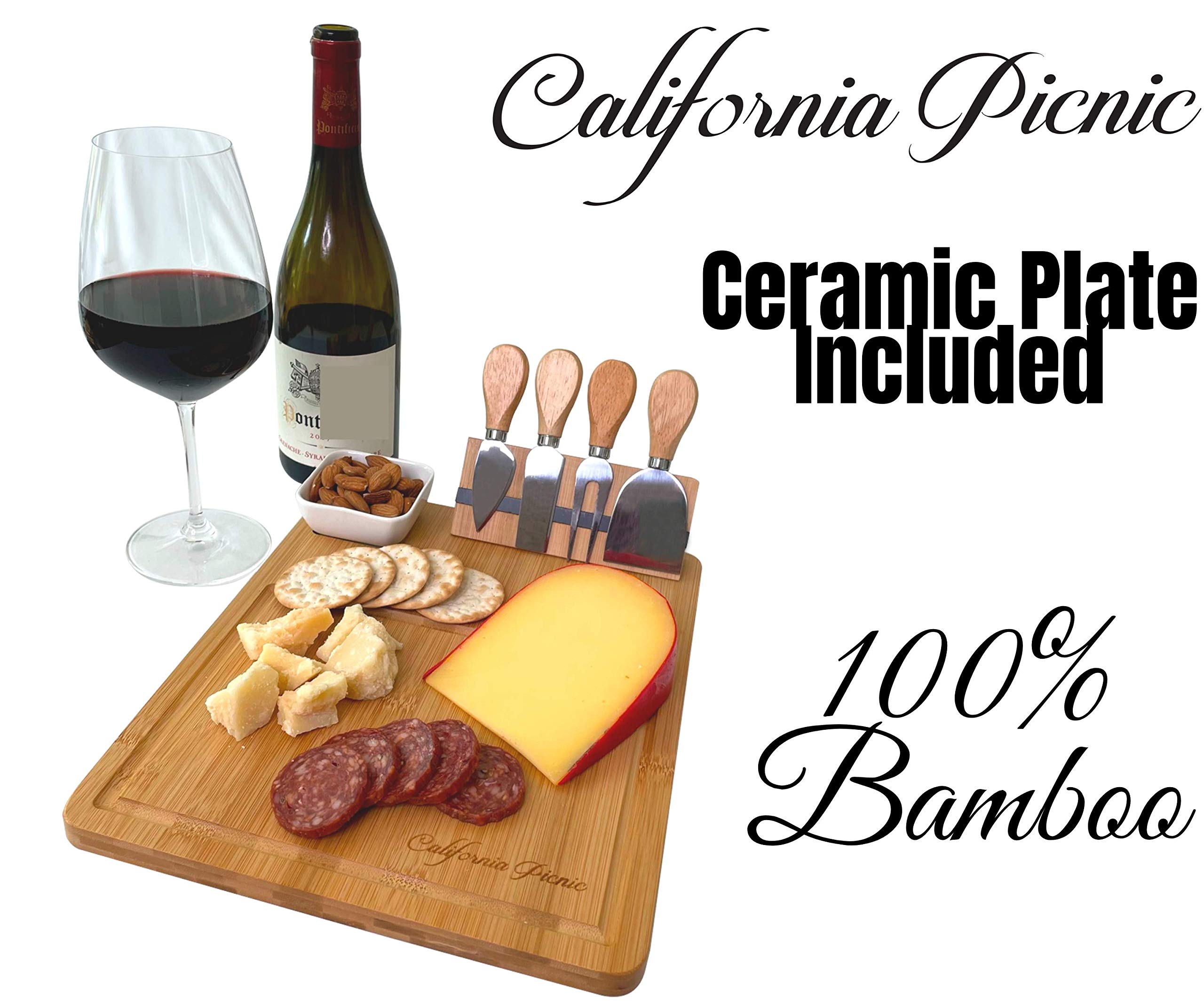 Cheese Board and Knife Set | Wine Board | Organic Bamboo Wood Charcuterie Platter Serving Board Cheese Tray with Cutlery | Perfect for Birthday, Housewarming & Wedding Gifts