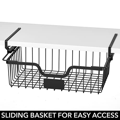 mDesign Wire Under Shelf Organizer for Cabinet - Sliding Basket for Under Cabinet Shelf - Hanging Organizer Rack for Kitchen and Pantry with Label Space - Carson Collection - 2 Pack - Matte Black