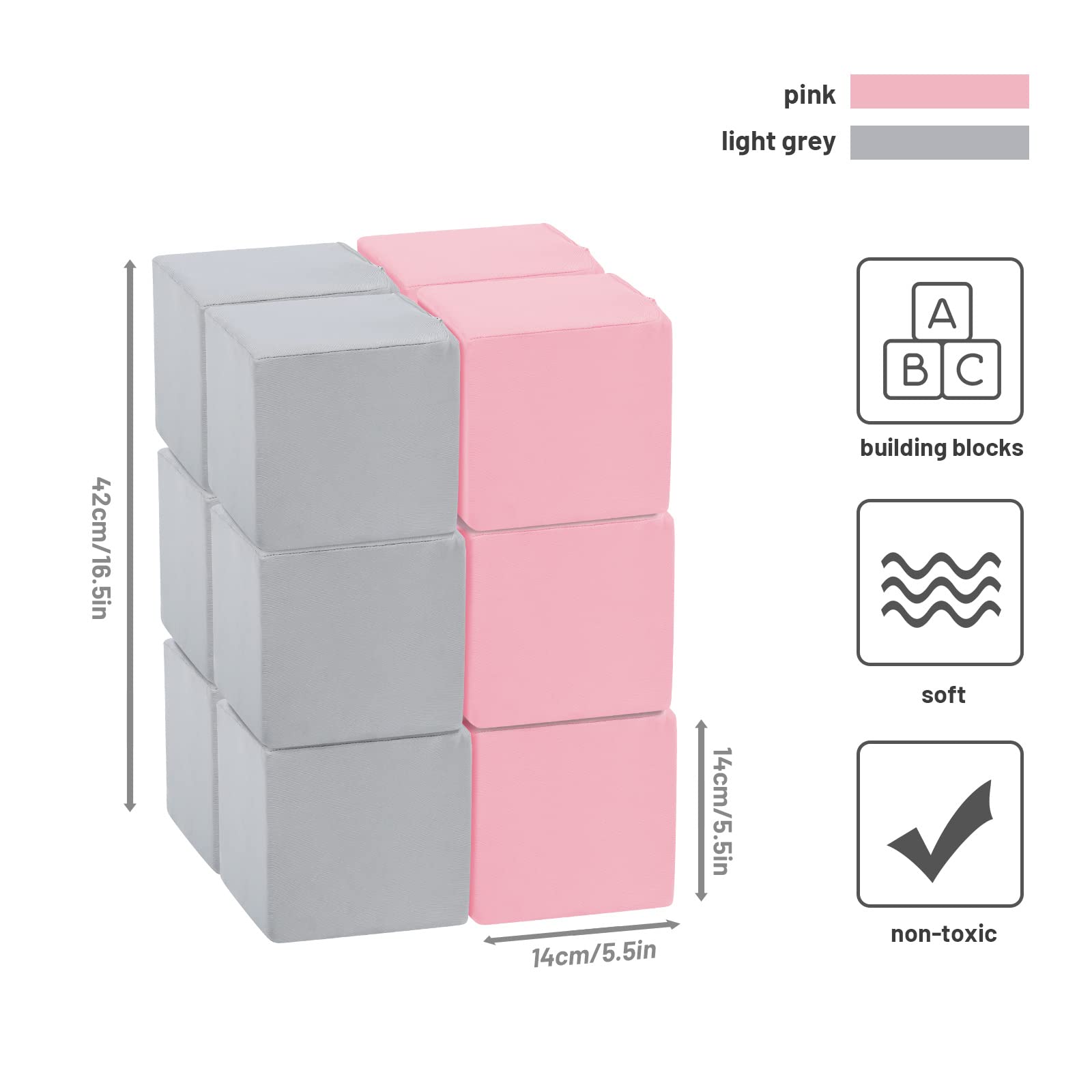 TRENDBOX 12 Pcs Toddler Foam Blocks, 5.5inch Soft Foam Cubes Blocks with Detachable Washable Cover, Soft Play Blocks for Toddlers and Kid (Light Gray & Pink)