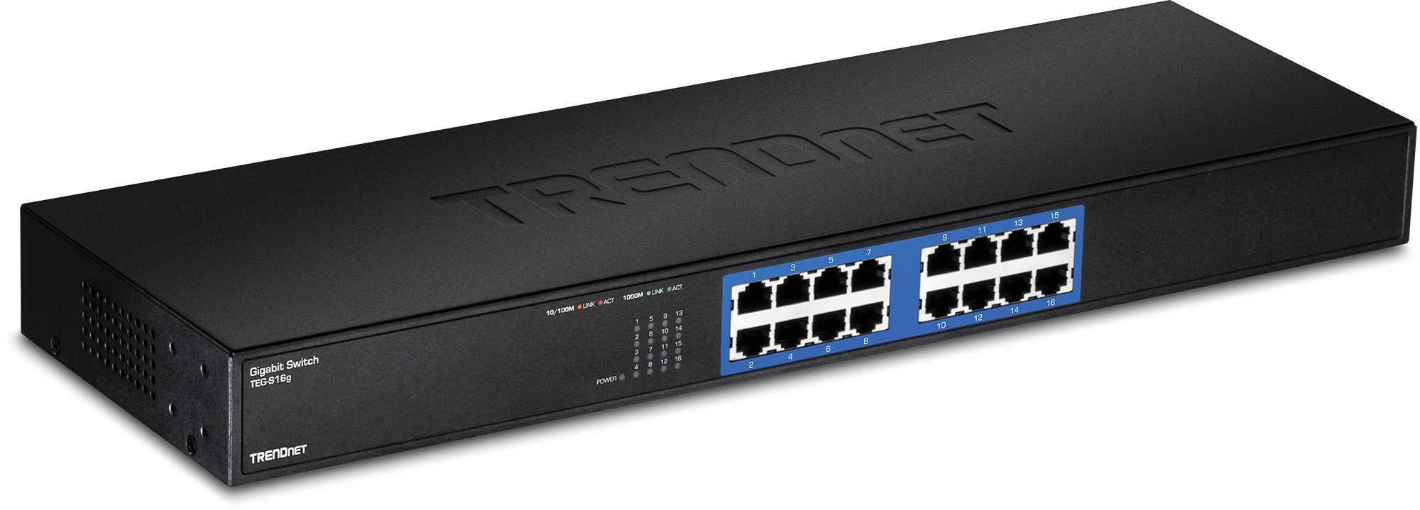 TRENDnet - TEG-S16G 16-Port Unmanaged Gigabit GREENnet Switch, TEG-S16G, 16 x RJ-45 Ports, 32 Gbps Switching Capacity, Fanless, Rack Mountable, Network Ethernet Switch, Lifetime Protection Black