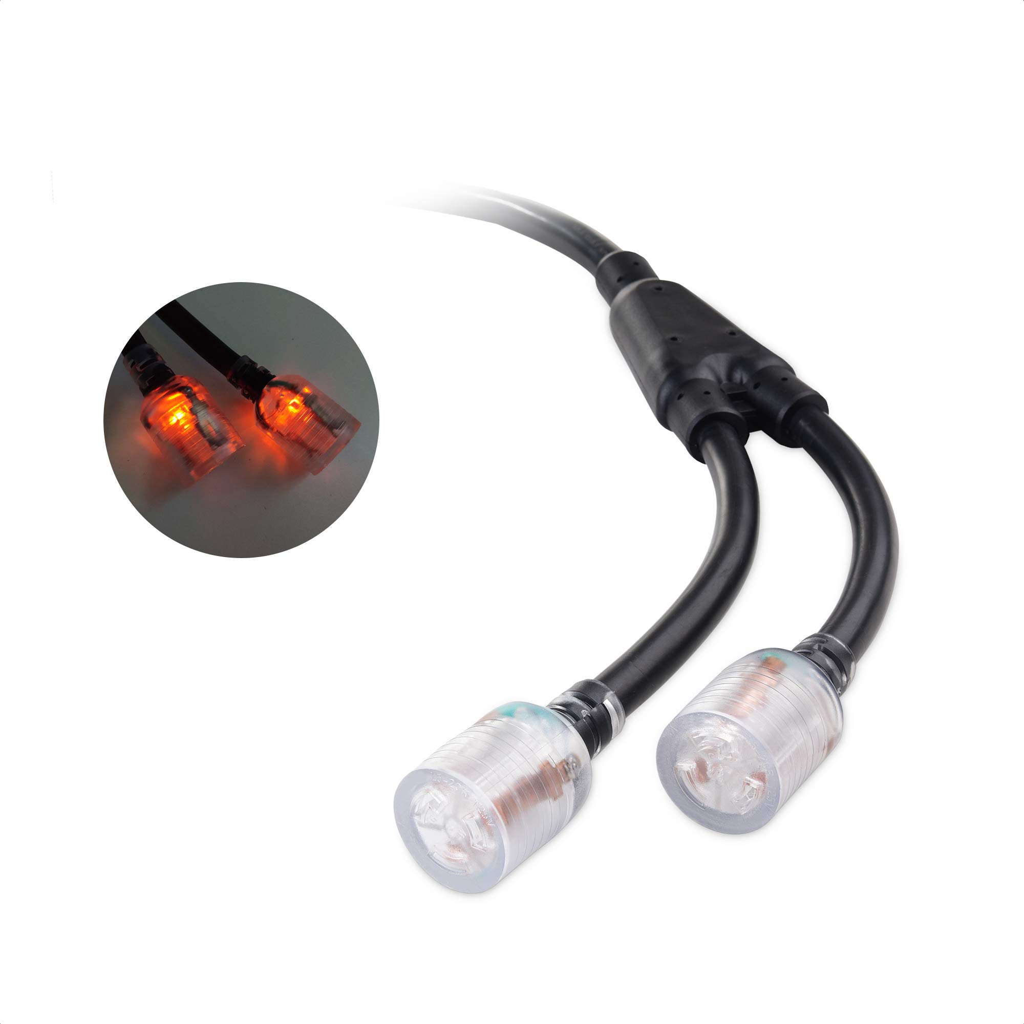 Cable Matters LED-Lit 3 Prong 30 Amp to 20 Amp Adapter for Generator (30 Amp to 20 Amp Adapter Splitter) 3 Feet - NEMA L5-30P to 2X L5-20R