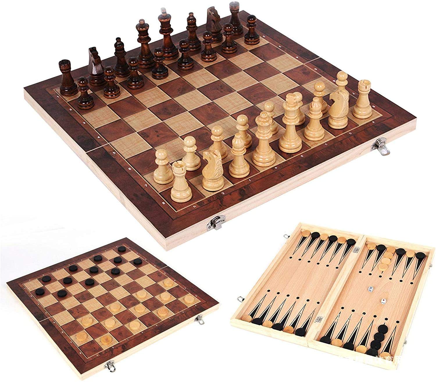 Wooden Chess Set Folding, 3 in 1 Wooden Chess Checkers Backgammon Set with Storage for Pieces - for Adults Beginners and Kids Aged 4+