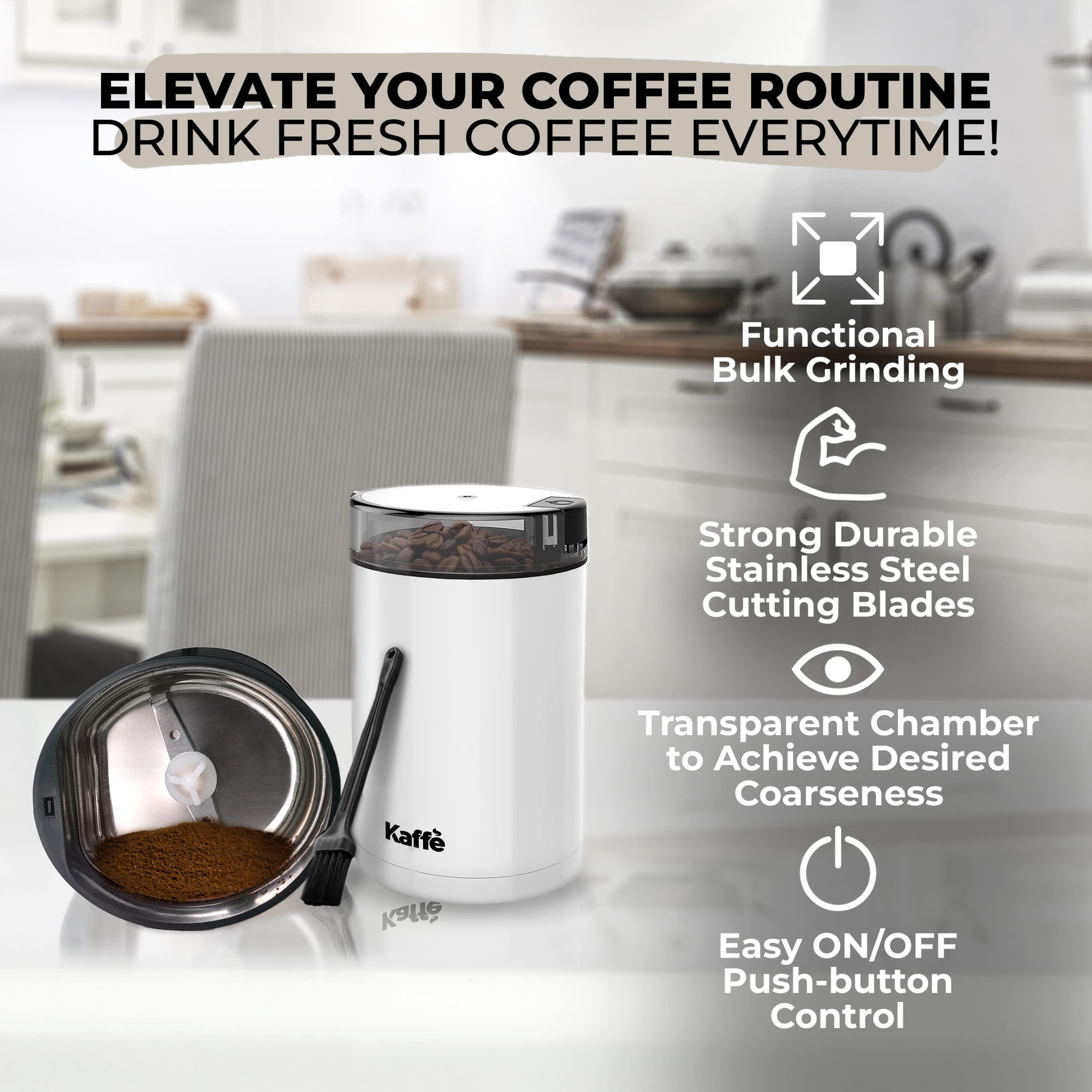 Kaffe Coffee Grinder Electric - Spice Grinder w/Cleaning Brush, Easy On/Off - Perfect for Espresso, Herbs, Spices, Nuts, Grain - 3.5oz / 14 Cup (Blade Grinder, White)