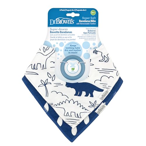 Dr. Brown’s Bandana Bib with Snap-On Removable Teether, Cotton Baby Bib with Soft Fleece Lining for Teething & Drooling, 3m+, 2-Pack, Dinosaur & Blue Drops