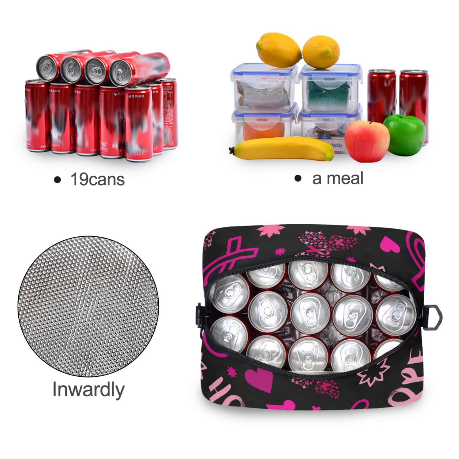 Breast Cancer Awareness Butterfly Lunch Bags for Women Men, Reusable Insulated Lunch Box, Adjustable Shoulder Straps Tote Lunch Bag for Work Picnic School