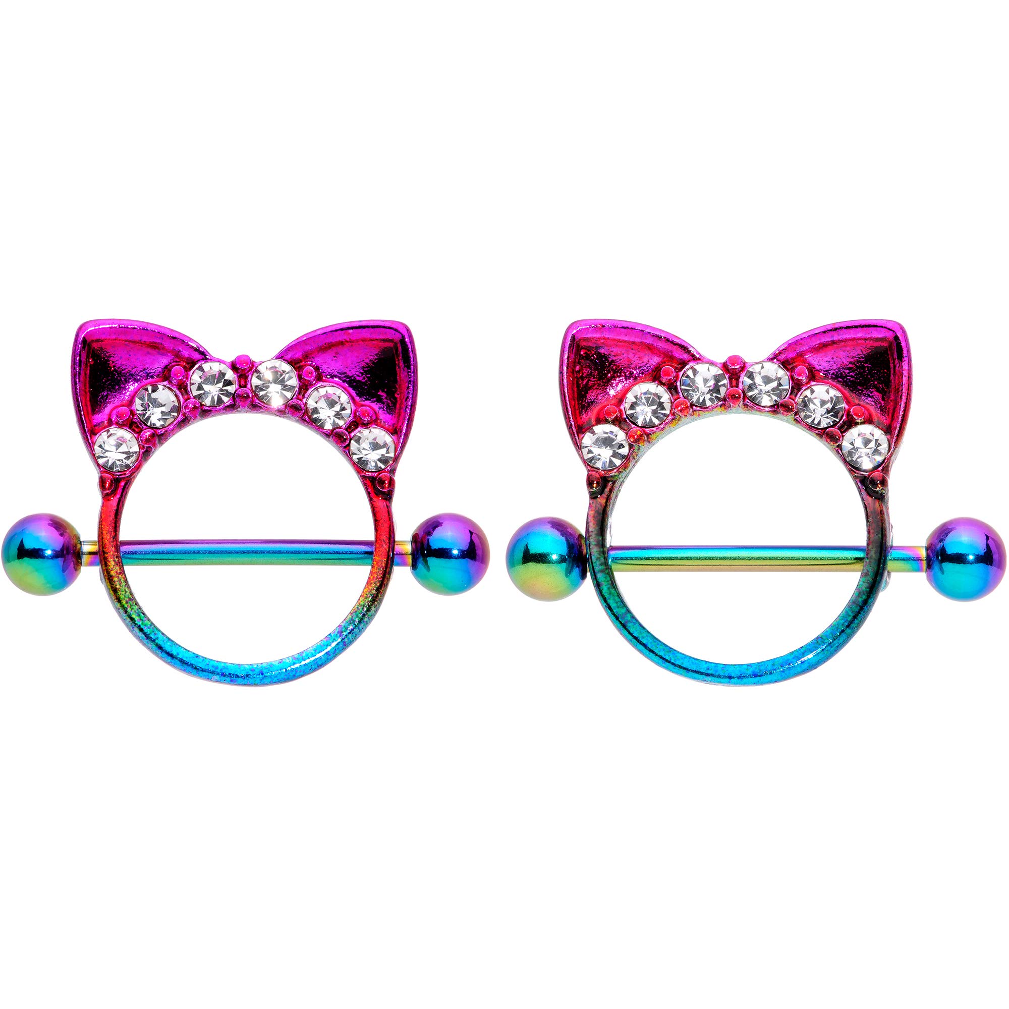 Body Candy 2Pc 14G Nipplering Piercing Women Steel Rainbow Kitty Cat Ears Nipple Shield Nipple Ring Set 9/16