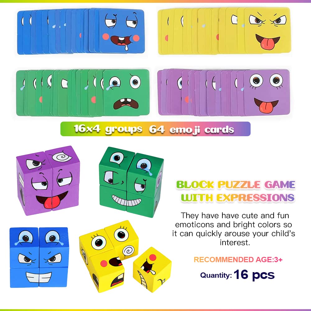 Wooden Expressions Matching Block Puzzles Building Game,Face-Changing Magic Cube,Logical Educational Training Toys,Educational Montessori Toys for Ages 3 Years and Up Kids