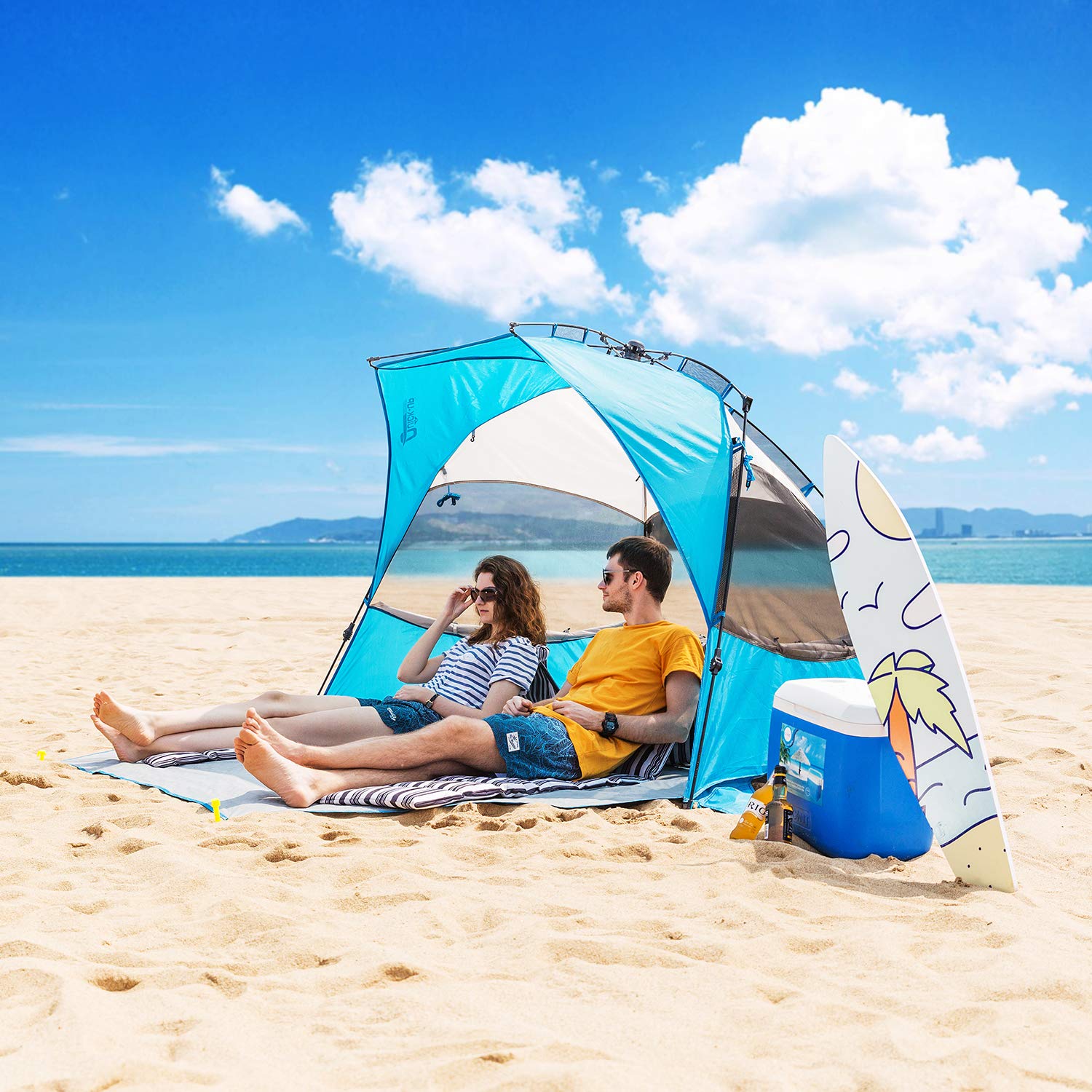 Beach Tent Pop Up with Sand Pocket for 4-5 Person, Easy Setup Sun Shelter Shade,UPF 50+ UV Protection, Lightweight & portable Beach Umbrella, Extended Floor&3 ventilating windows Extra XLarge