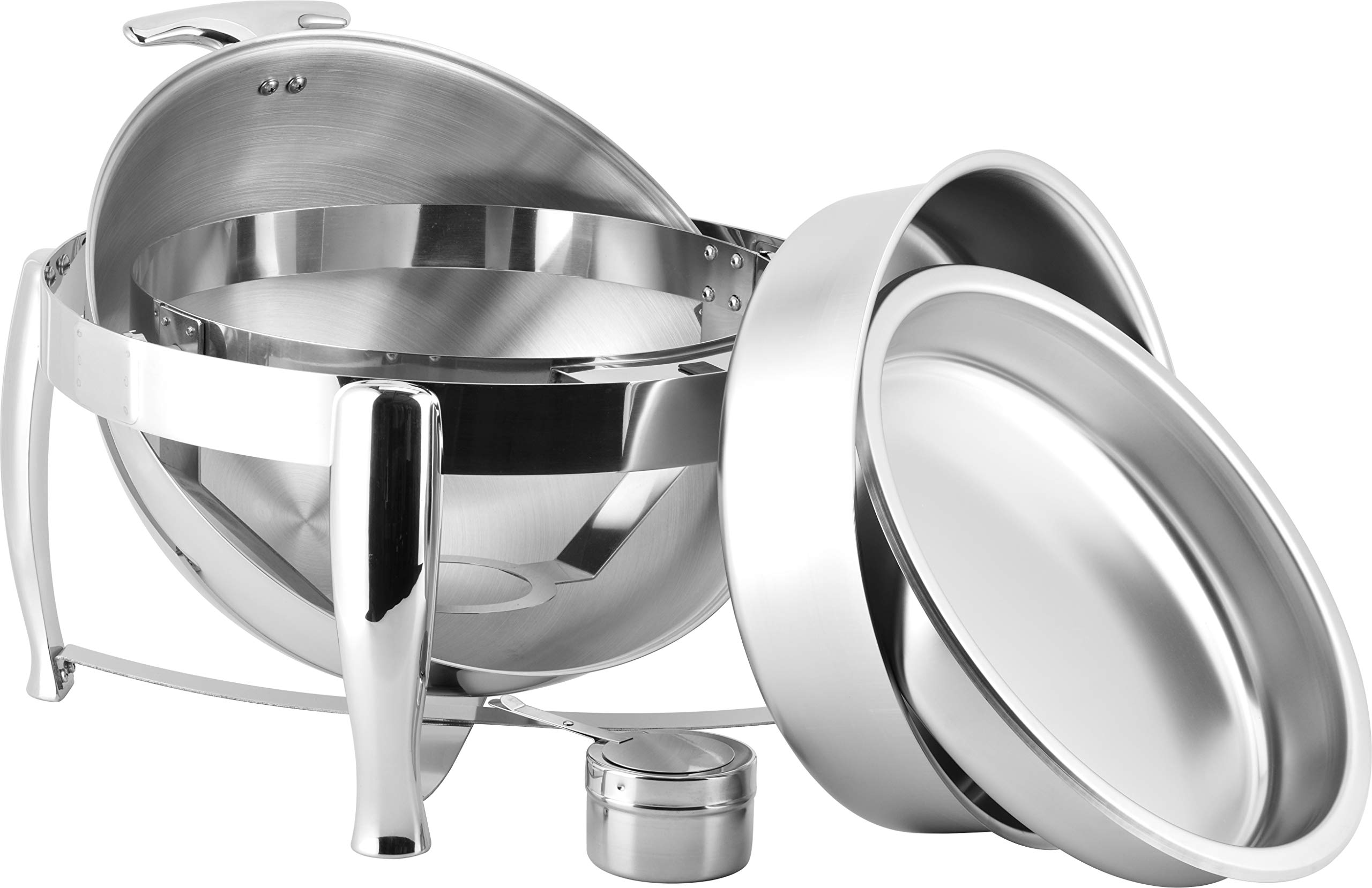 CHEFQ Virtuosa S/S 6 QT Round Chafer, Roll-top Set Includes Food Pan, Water Pan and Fuel Holders β Durable, shiny silver, keeps food warm in catered events + CHEFS APRON by ChefQ
