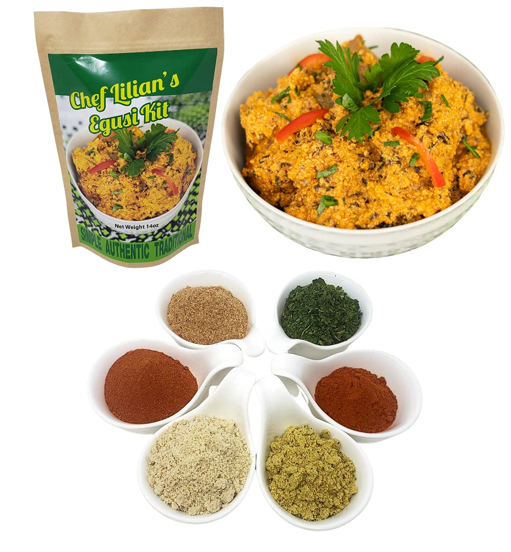 Chef Lilian's Egusi Kit- Nigerian West African Food Kit with Ground Melon Seeds (Egusi), Dehydrated Spinach, Traditional Seasoning Powder, Hot Chili Powder Soup, Mix 4 Servings (Pack of 2)