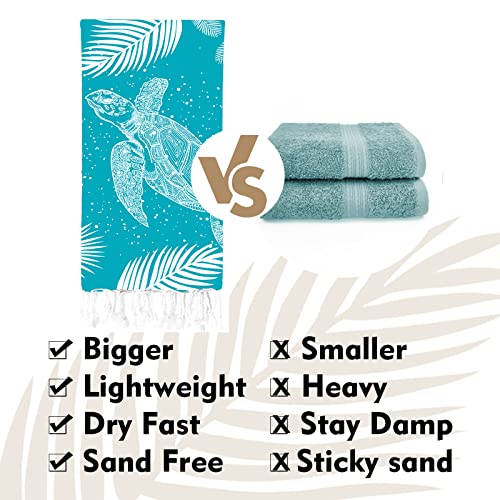 ORTIGIA Turtle Turkish Beach Towel Oversized 36x71INCH Sand Free Quick Dry Towel Extra Large Wearable Bath Towel Highly Absorbent Light Travel Towel for Beach, Bath, Pool, Gym, Yoga(Teal)