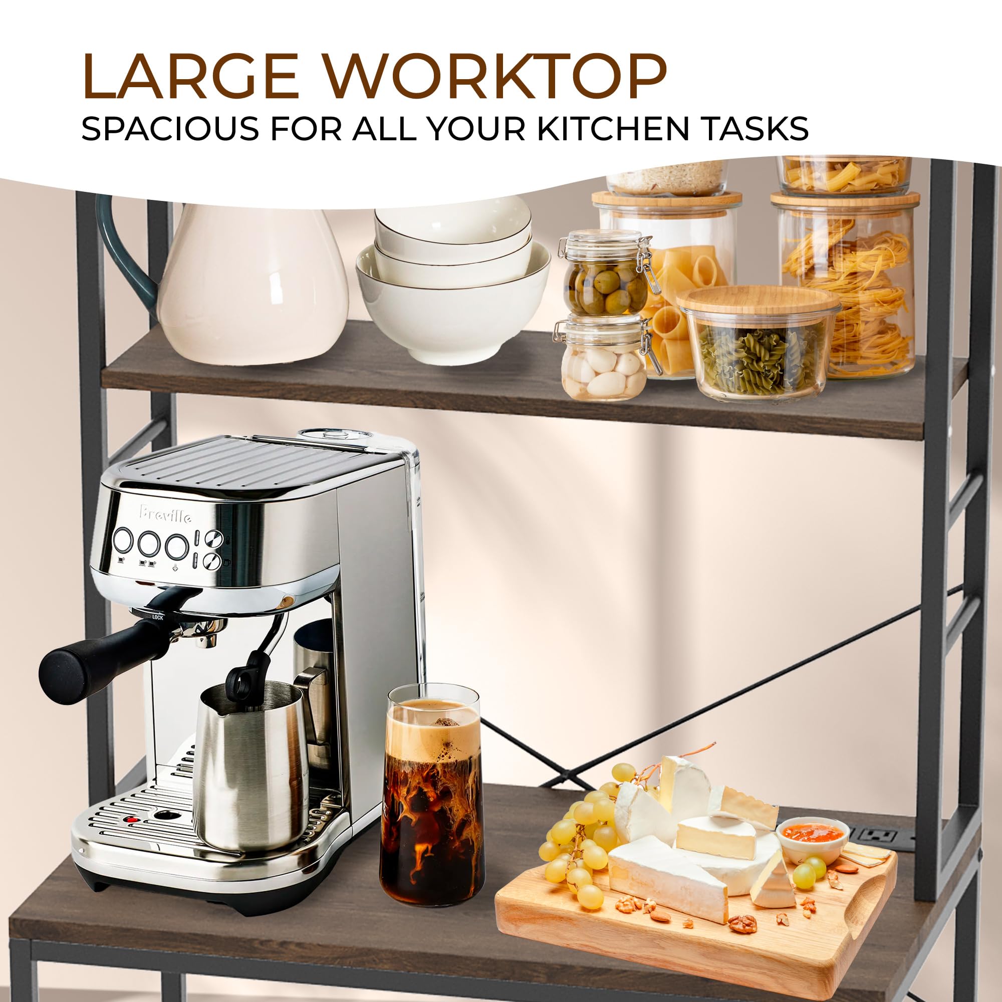 Elixo Bakers Rack with Power Outlet, coffee bar cabinet with 6 S hooks, 6-Tiers small appliances and microwave stand with storage for small apartments with motion sensor lights, Black