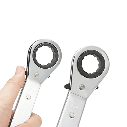 FOCMKEAS 1/2-9/16 Inch Reversible Universal Ratcheting Wrench,Imperial Double Offset Box End, Matte Chrome Plated Cr-V Steel, Heavy-Duty,72 Tooth Ratchet Spanner Crooked for Narrow Spaces