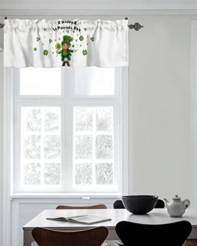 Kakmok Window Valance for Kitchen Cafe,St. Patrick's Day Leprechaun Shamrock Gold White Rod Pocket Drape Privacy Curtain,Lucky Leaf Short Curtains for Bathroom/Living Room/Bedroom Windows Decor
