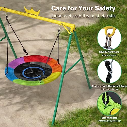 Yohood Swing Sets for Backyard, 440lbs Outdoor Swing Set for Kids, Heavy-Duty Metal Swing Frame and Flying Saucer Swing for Playground,Park,Backyard (Green)