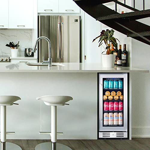 Kalamera Beverage Refrigerator Cooler, 100 Cans Mini Fridge with Glass Door Built-in or Freestanding, 15 inch Beverage Fridge with Seamless Stainless Steel Door for Beer Drinks or Soda