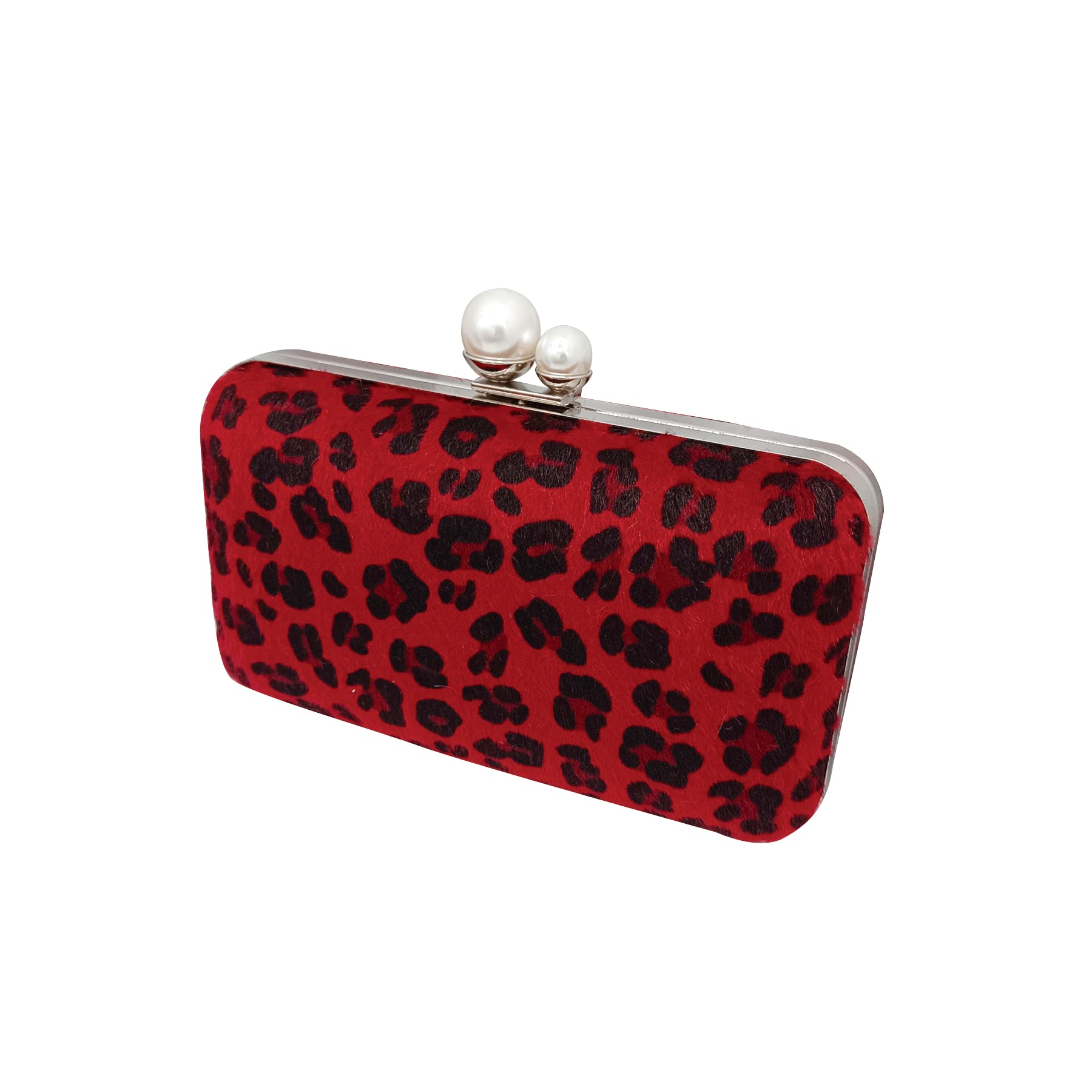 Plush Evening Bag for Women Stylish Leopard Print Handbag Pearl Chain Purse for Party Prom Red