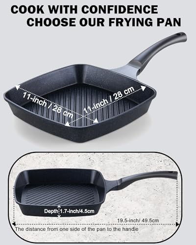 Cook N Home Grill Pan Nonstick Square for Stove Tops, Die Cast Aluminum Griddle Pan Marble 11-inch Cookware Fry Pan, Black