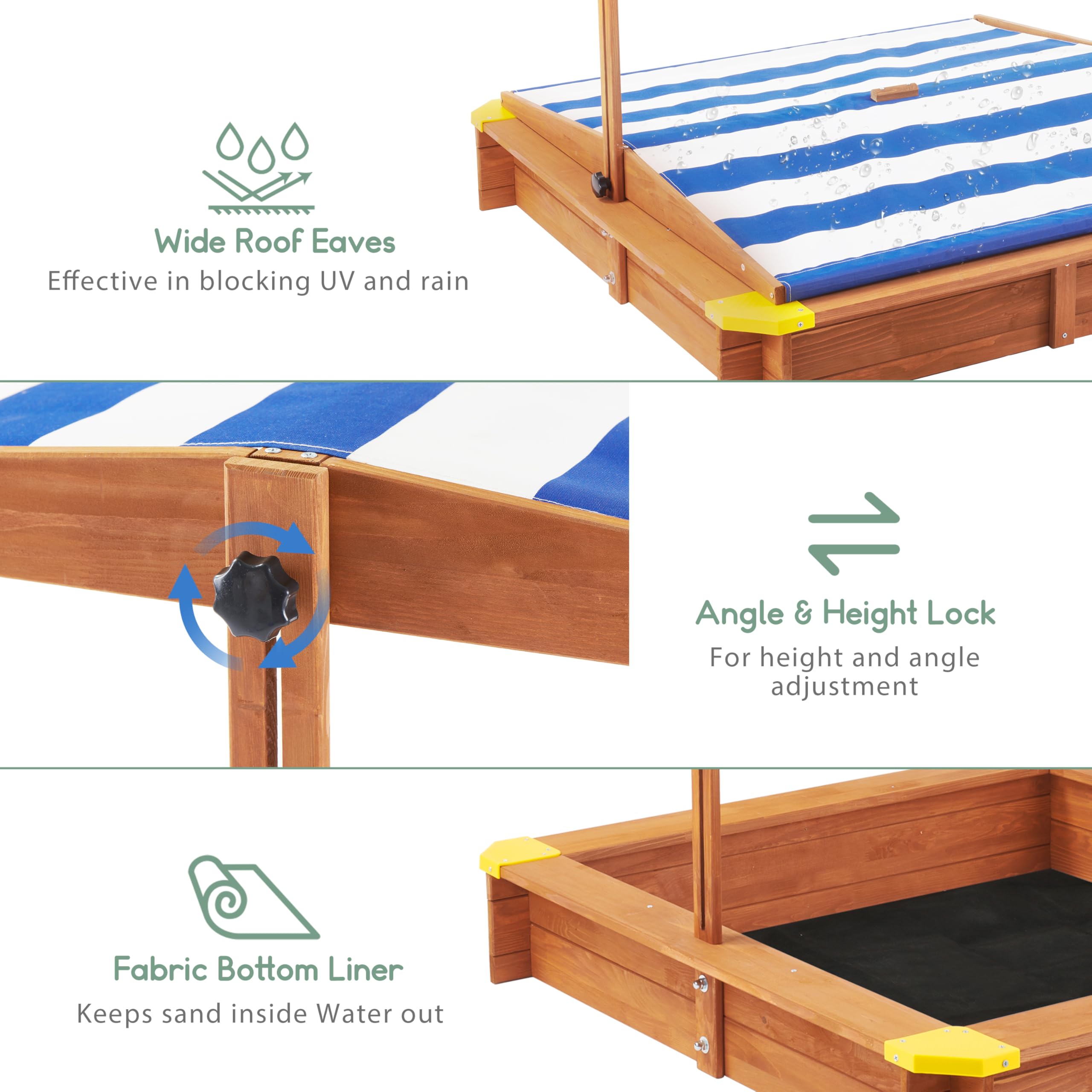 Kids Sandbox with Cover, 46.5" Wooden Sand Box w/Adjustable Canopy, Large Outdoor Cedar Sandpit for Backyard Play