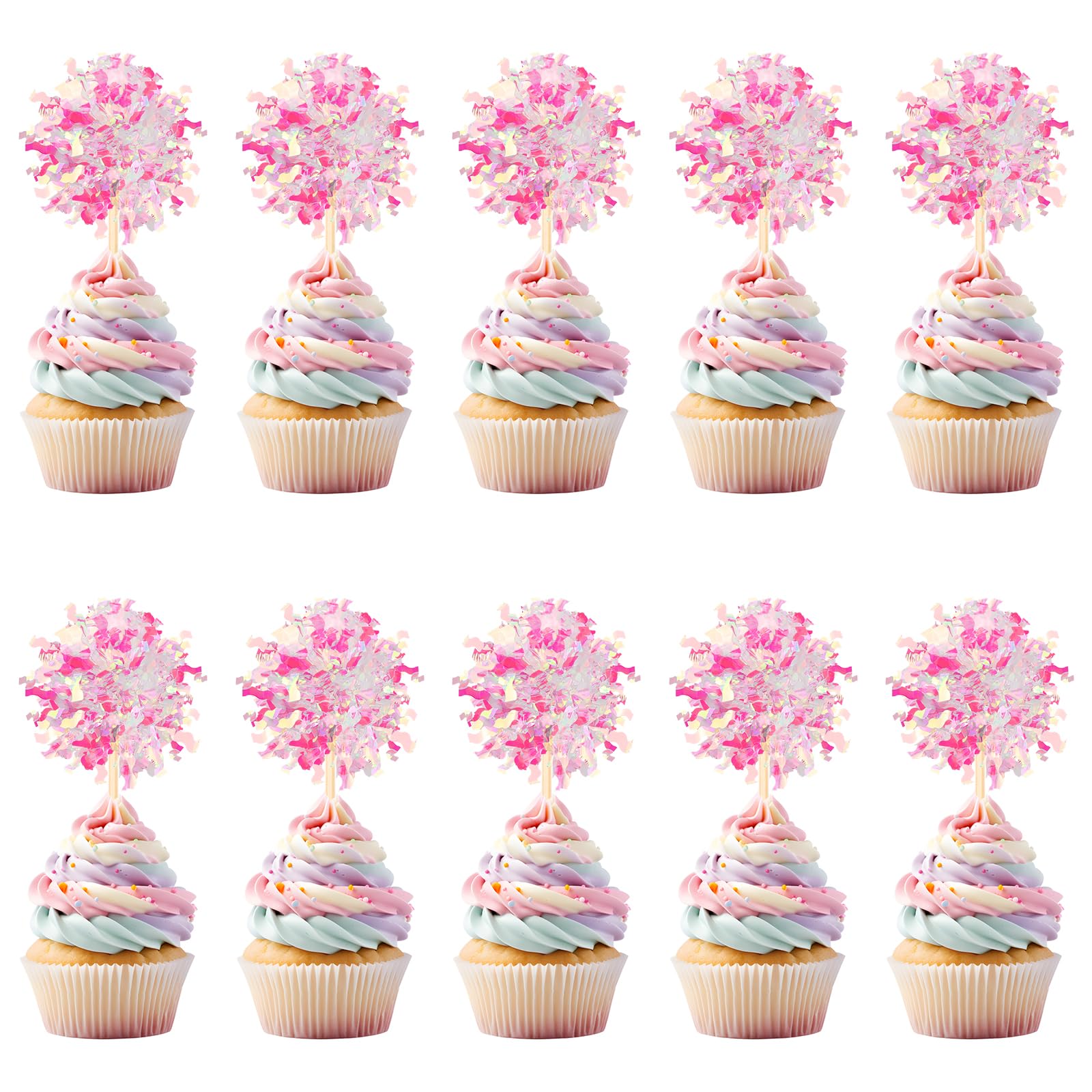 Firework Cupcake Toppers, 10 Pcs Foil Firework Birthday Cupcake Decoration Sparkle Firework Cake Topper Birthday Cupcake Topper for Graduation New Year Party Decorations (Pink)