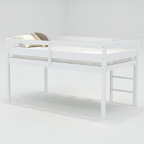 Harper & Bright Designs Low Loft Bed Twin Size, Twin Loft Bed Frame with Ladder and Safety Guardrails, Wood Loft Bed for Kids, Toddlers, Teens (Twin, White)