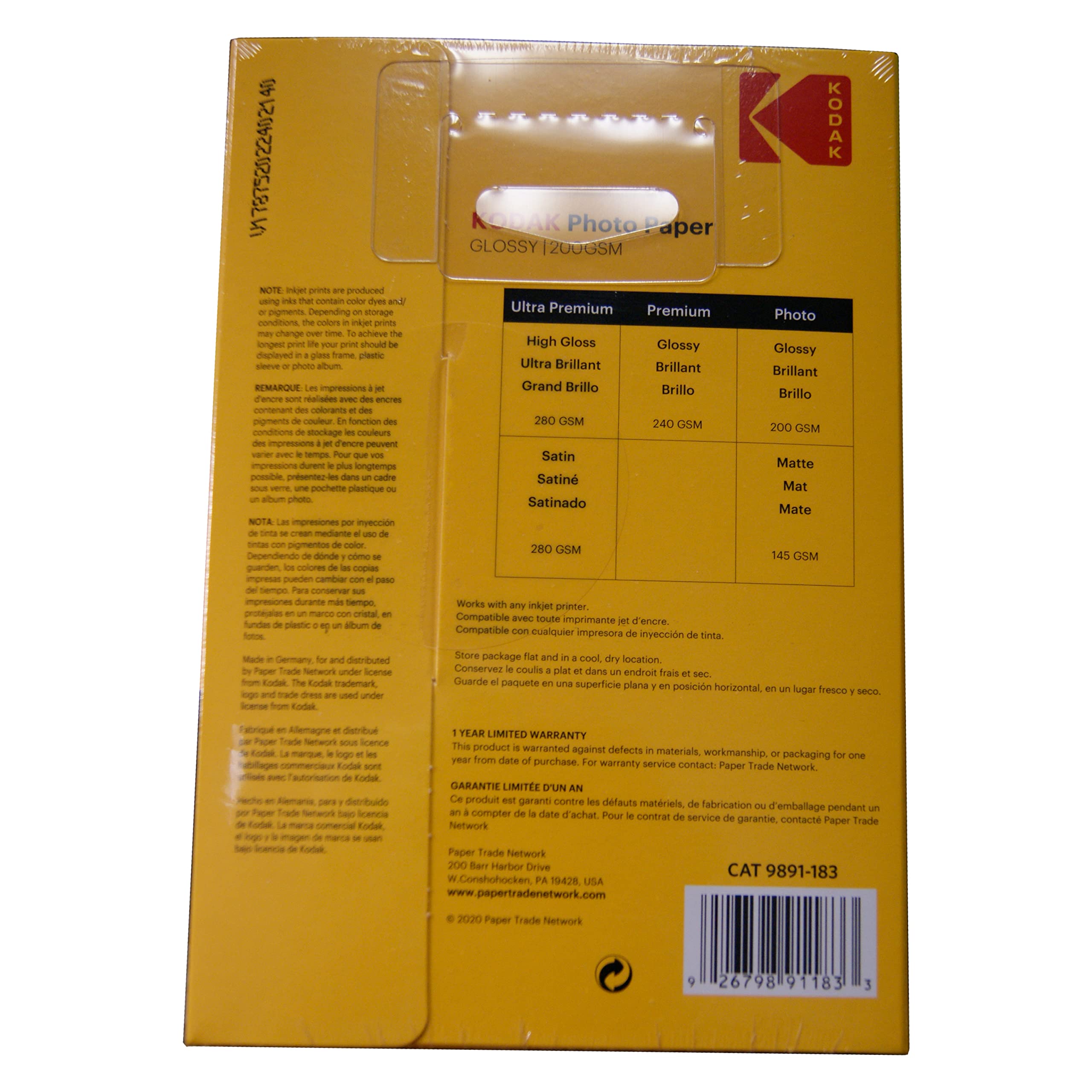 KODAK Photo Paper Gloss 4 X 6, 100 count, 52lb-200 g/m 2-8.5MIL (41180-1743327) Not compatible with Kodak Dock Printers.