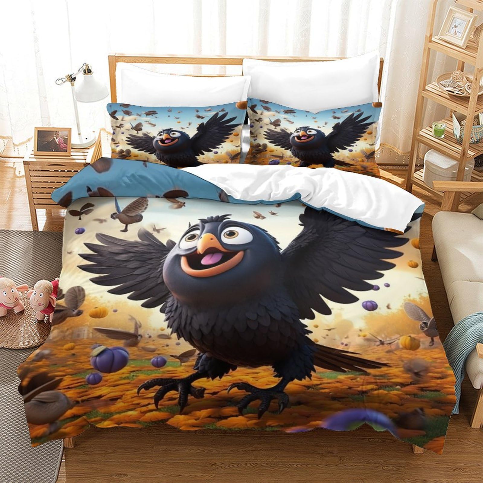 ESSAHI Raven 3D Printed Crow Bedding Set Comforter Covers Quilt Cover Duvet Cover with Pillowcases for Childrens and Adults Microfiber 3 Pieces with Zipper Closure Queen(228x228cm)