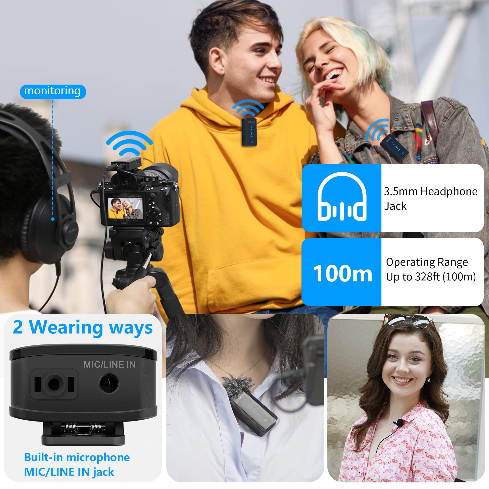 BOYA BY-XM6-S2 Wireless Lavalier Microphone 2.4GHz Dual Channel Wireless Lapel Microphones for Cameras DSLR Camcorder Clip on Lapel Mic for Video Recording YouTube Vlogging Interview 328ft Range