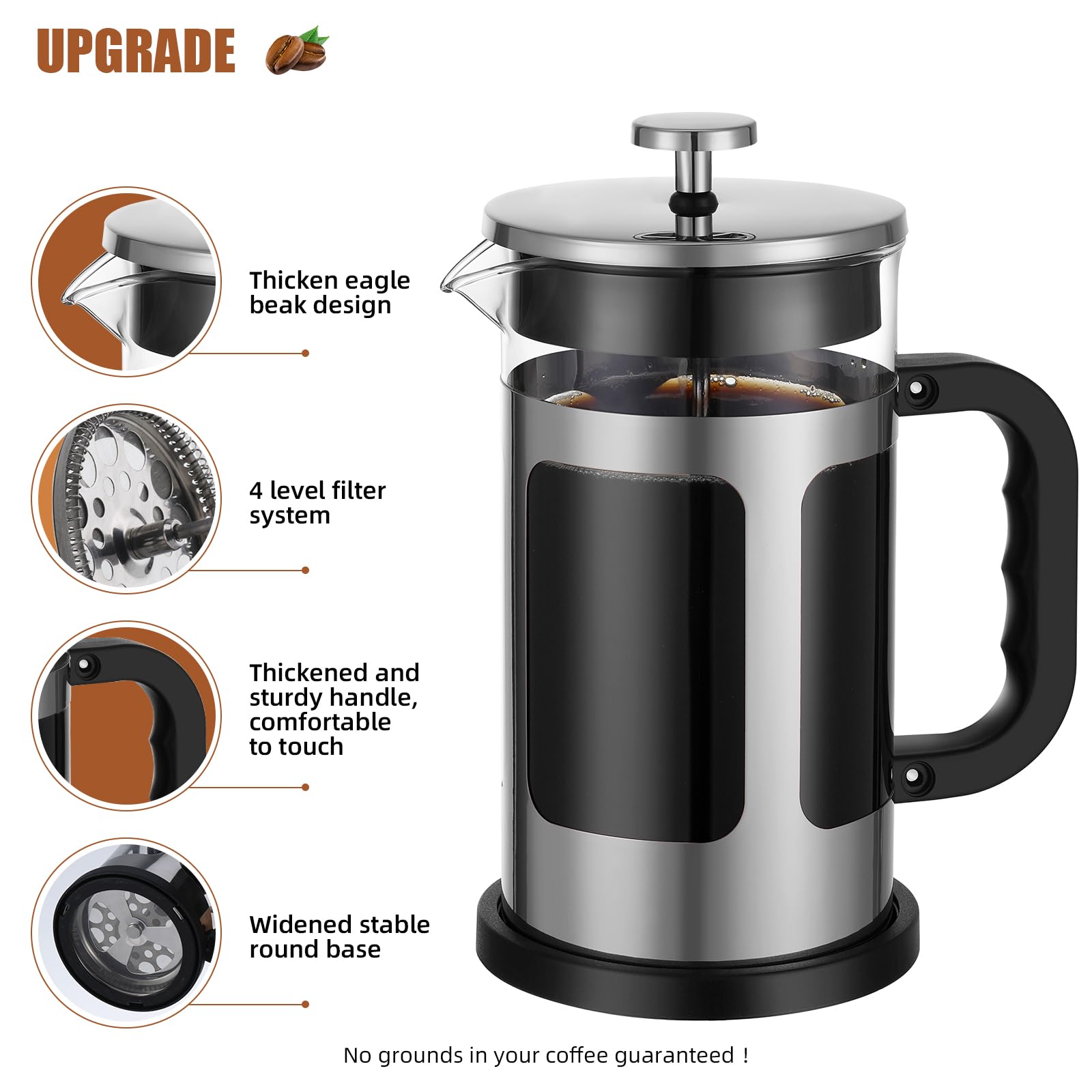 Dircolz French Press Coffee Maker -(21oz) 304 Stainless Steel with 4 Filters System, Heat Resistant Thickness Borosilicate French Press Glass, BPA-Free Brewed Tea Pot Coffee Plunger(Silvery)