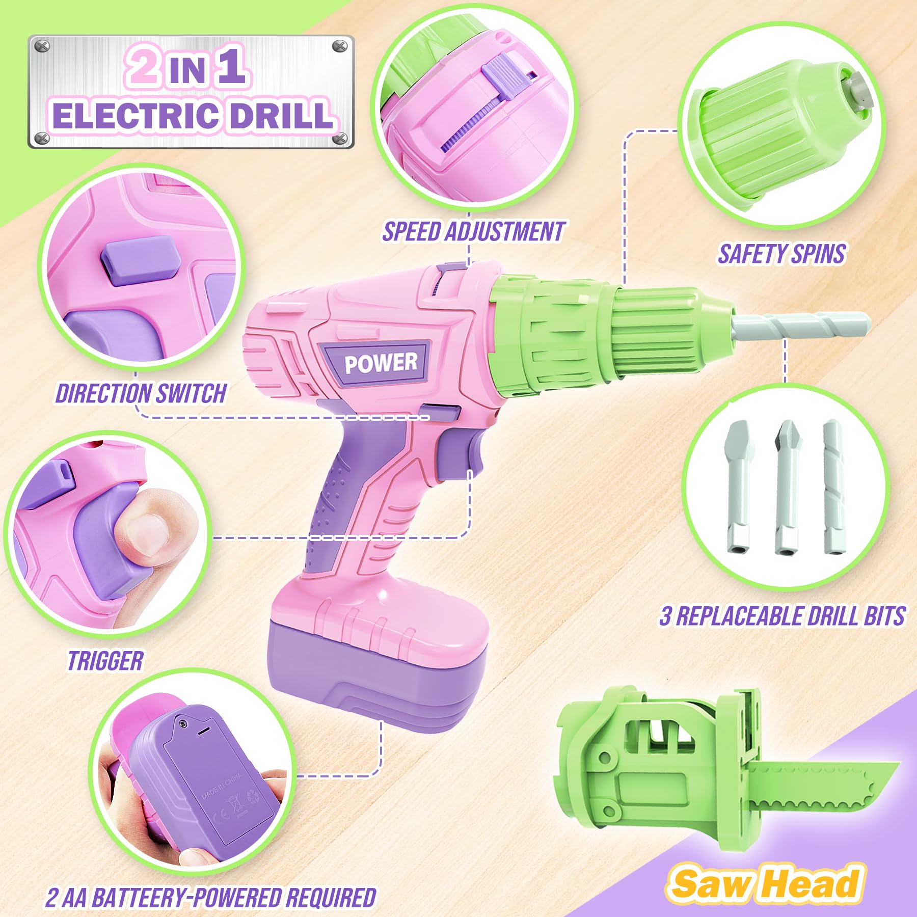 Kids Tool Set, Girls Tool Set Pretend Play Construction Toy Tool with Tool Box, Toddler Tool Set with Electric Toy Drill for Toddler Boy Girl Kid Child Tool Toy Pink Ages 3+