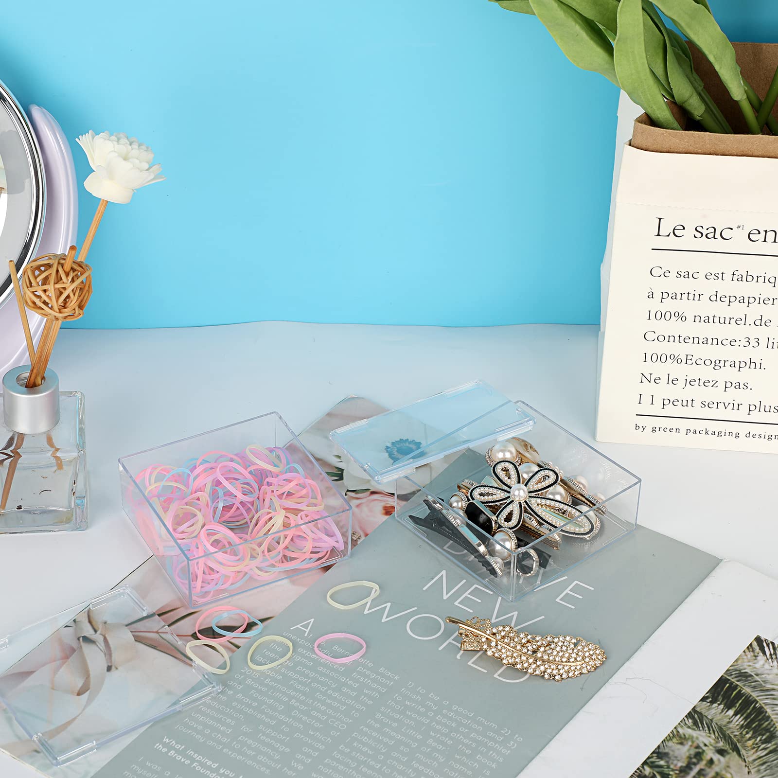 BTSKY Clear Plastic Small Storage Containers with Lid Mini Clear Boxes for Organizing Stackable Paper Clips Holder Multi-use Bead Organizers for Clips, Rhinestones, Hairpins and Candy, 2PCS Square