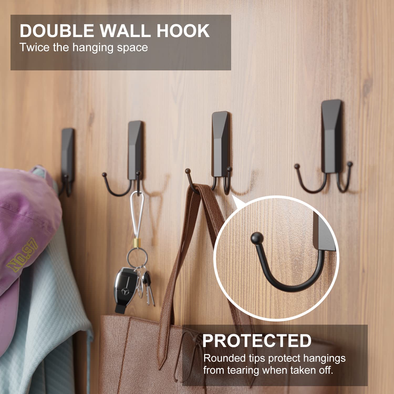 Dr.Wall Black Double Wall Hooks for Hanging, 4 Pack Removable Adhesive Wall Hooks with 5 Strips, Organize Damage-Free Sticky Hooks, Plastic Utility Hooks Heavy Duty for Coat, Towel, Hat, Key