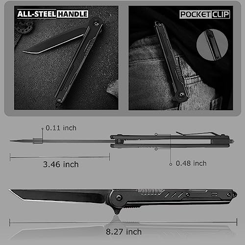 Folding Pocket Knife for Men with Clip, EDC Knives with Tanto Blade, Slim Gentleman's Knife for Outdoor Camping Hiking, Foldable Box Cutter Everyday Carry ?Black?
