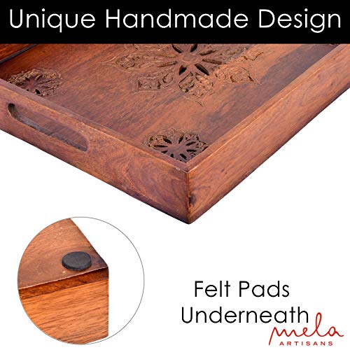 Mela Artisans Farmhouse & TV Ottoman Wooden Serving Tray - Small, Serena Medium Polish | Decorative Mango Wood | Serve Breakfast, Other Foods, Coffee and Tea | Rustic Home Decor | 14" x 10β x 2.5β