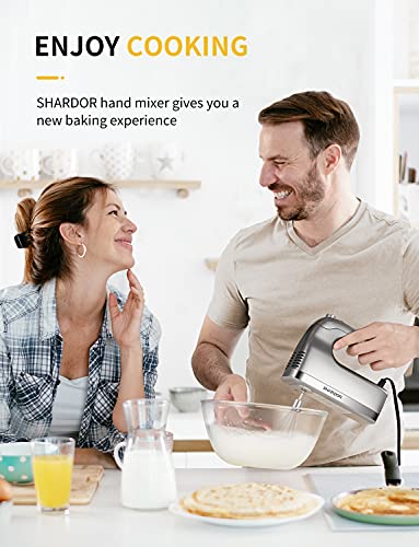 SHARDOR Hand Mixer, 350W Handheld Mixer with Storage Case 5-Speed Plus Turbo Hand Mixer Electric With 5 Stainless Steel Attachments(2 Beaters, 2 Dough Hooks and 1 Whisk), Silver