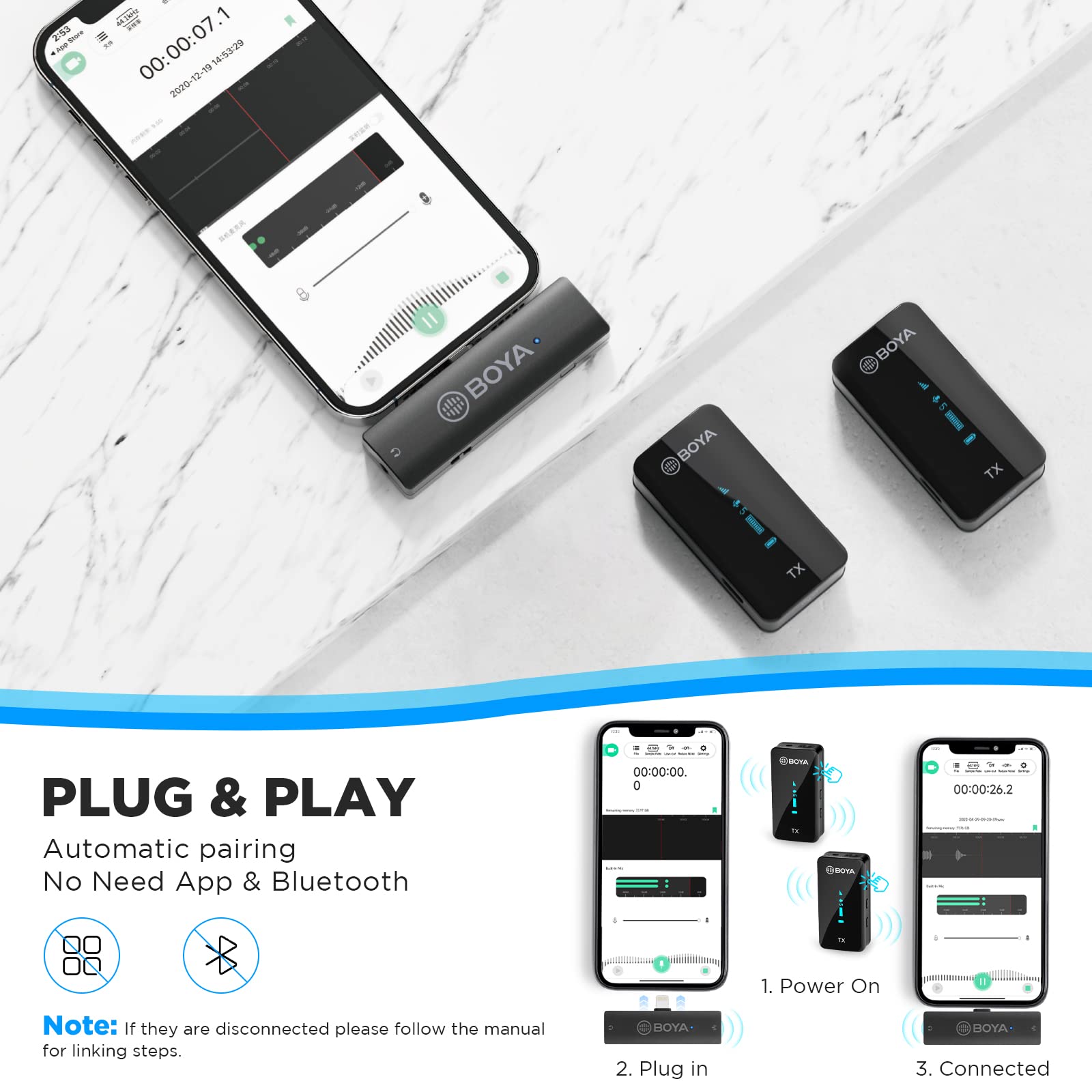 BOYA Wireless Lavalier Microphone for iPhone iPad by-XM6 S4 Plug Play Clip-on Microphones,328ft Range,Noise Cancellation Cordless Lapel Mic for Video Recording Interview YouTube Live Streaming